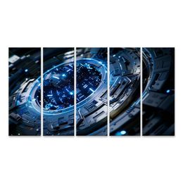 islandburner Leinwandbild Detailreiche Nahaufnahme eines kreisförmigen Metall-Mikrochips im blau