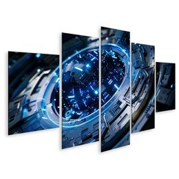 islandburner Leinwandbild Detailreiche Nahaufnahme eines kreisförmigen Metall-Mikrochips im blau