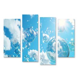 islandburner Leinwandbild Schwebende blaue Blasen gleiten elegant durch den himmelblauen Hinterg