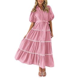 B.X Sommerkleid Damen Slim Fit kurze Ärmel Strandkleider hohe Taille Sommerkleid Freizeit Schlieren Puffärmel Abendkleid erelegante Rüschen Hemdkleid