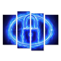 islandburner Leinwandbild Wirbelnde blaue Neonlinien bilden energetisch ein Vorhängeschloss Heim