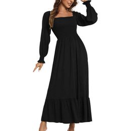 KIKI Blusenkleid Frauen Geraffte Rüschen Saum Maxikleid Damen Langärmeliges Jerseykleid