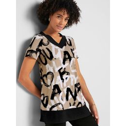Kurzarmshirt Inspirationen "Druck-Shirt" Gr. 42, beige (sand, schwarz, bedruckt) Damen Shirts V-Shirts