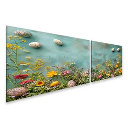 islandburner Leinwandbild Frühlingshafter Oster-Hintergrund mit bunten Eiern und Blütenpracht Ki