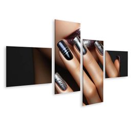 islandburner Leinwandbild Glänzende Lippen und Nägel in Schwarz, Silber für Nagelstudio Beauty S