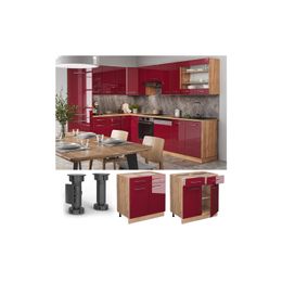 VICCO Schubunterschrank K&uuml;chenschrank K&uuml;chenm&ouml;bel Fame-Line Eiche Rot Bordeaux modern 80 cm K&uuml;che Einbauk&uuml;che Dreht&uuml;r Schublade Einlegeboden Blende K&uuml;chenzeile Hochglanz