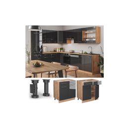 VICCO Schubunterschrank K&uuml;chenschrank K&uuml;chenm&ouml;bel Fame-Line Eiche Anthrazit modern 80 cm K&uuml;che Einbauk&uuml;che Dreht&uuml;r Schublade Einlegeboden Blende K&uuml;chenzeile Hochglanz