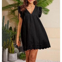 AFAZ New Trading UG Sommerkleid Damen-Hemdkleid mit Spitzen-Jacquard-Ausschnitt und doppelten Taschen