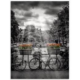 Glasbild Artland "Amsterdam Herengracht & Sonnenstrahlen" Bilder Gr. B/H: 60 cm x 80 cm, Glasbild Fahrräder Hochformat, 1 St., schwarz Glasbilder