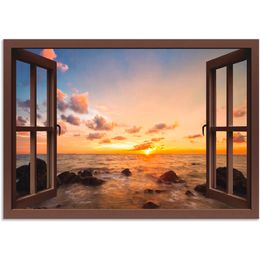 Wandbild Artland "Fensterblick Sonnenuntergang am Meer" Bilder Gr. B/H: 100 cm x 70 cm, Alu-Dibond-Druck Fensterblick, 1 St., braun Kunstdrucke