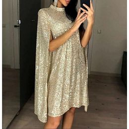 AFAZ New Trading UG Abendkleid Damen Paillettenkleid Langarm Schlitz Minikleid High Neck Cape Kleid