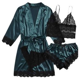 Daisred Pyjama 4 Teiliges Schlafanzüge Sexy Spitze Lace Set für Damen