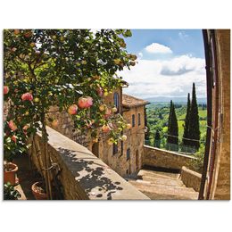 Glasbild Artland "Rosen auf Balkon Toskanalandschaft" Bilder Gr. B/H: 80 cm x 60 cm, Garten, 1 St., grün Glasbilder
