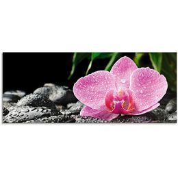 Glasbild Artland "Rosa Orchidee auf schwarzen Zen Steinen" Bilder Gr. B/H: 125 cm x 50 cm, Blumen, 1 St., pink Glasbilder