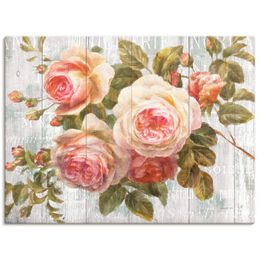 Wandbild Artland "Vintage Rosen auf Holz" Bilder Gr. B/H: 120 cm x 90 cm, Leinwandbild Blumen Querformat, 1 St., pink Kunstdrucke