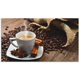 Küchenrückwand Artland "Kaffeetasse Leinensack mit Kaffeebohnen" Spritzschutzwände Gr. B/H: 90 cm x 50 cm, braun Küchendekoration