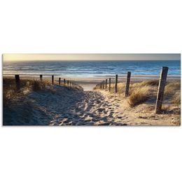 Glasbild Artland "Weg zum Nordseestrand Sonnenuntergang" Bilder Gr. B/H: 125 cm x 50 cm, Strand, 1 St., beige (naturfarben) Glasbilder