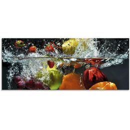 Glasbild Artland "Spritzendes Obst auf dem Wasser" Bilder Gr. B/H: 125 cm x 50 cm, Lebensmittel, 1 St., bunt Glasbilder