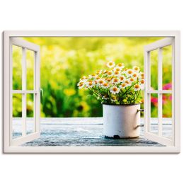 Wandbild Artland "Fensterblick Garten mit Gänseblümchen" Bilder Gr. B/H: 100 cm x 70 cm, Leinwandbild Blumen Querformat, 1 St., weiß Kunstdrucke