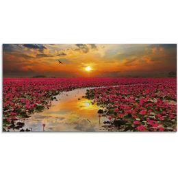 Glasbild Artland "Sonnenschein blühende Lotusblume" Bilder Gr. B/H: 100 cm x 50 cm, Blumen, 1 St., orange Glasbilder