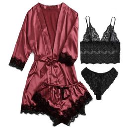 Daisred Pyjama 4 Teiliges Schlafanzüge Sexy Spitze Lace Set für Damen