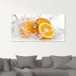 Glasbild Artland "Orange mit Spritzwasser" Bilder Gr. B/H: 100 cm x 50 cm, Süßspeisen, 1 St., orange Glasbilder