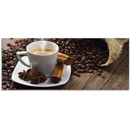 Glasbild Artland "Kaffeetasse Leinensack mit Kaffeebohnen" Bilder Gr. B/H: 125 cm x 50 cm, Getränke, 1 St., braun Glasbilder
