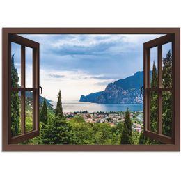 Wandbild Artland "Gardasee durchs braune Fenster" Bilder Gr. B/H: 130 cm x 90 cm, Alu-Dibond-Druck Seebilder Querformat, 1 St., grün Kunstdrucke