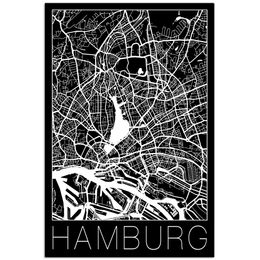 Wandbild Artland "Retro Karte Hamburg Deutschland Schwarz" Bilder Gr. B/H: 60 cm x 90 cm, Leinwandbild Deutschland Hochformat, 1 St., schwarz Kunstdrucke