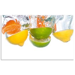 Küchenrückwand Artland "Zitrusfrüchte fallen in klares Wasser" Spritzschutzwände Gr. B/H: 90 cm x 55 cm, bunt Küchendekoration