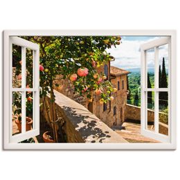 Wandbild Artland "Fensterblick Rosen auf Balkon Toskana" Bilder Gr. B/H: 100 cm x 70 cm, Leinwandbild Garten Querformat, 1 St., weiß Kunstdrucke