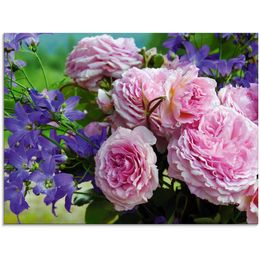 Glasbild Artland "Rosen und Glockenblumen" Bilder Gr. B/H: 80 cm x 60 cm, Blumen, 1 St., pink Glasbilder