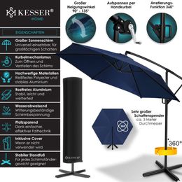 Kesser Alu Ampelschirm Sonnenschirm + Abdeckung Ø300 cm / Ø350 cm mit Kurbelvorrichtung Kurbelschirm mit Ständer UV-Schutz Aluminium 300cm / Navyblau