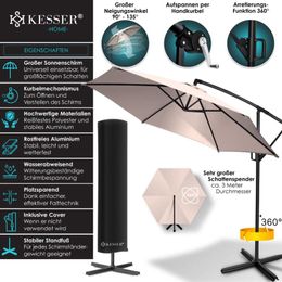 Kesser Alu Ampelschirm Sonnenschirm + Abdeckung Ø300 cm / Ø350 cm mit Kurbelvorrichtung Kurbelschirm mit Ständer UV-Schutz Aluminium 300cm / Taupe - 300cm /