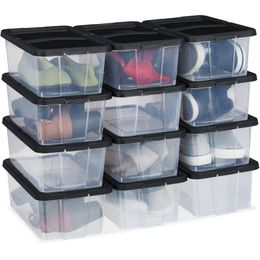 Relaxdays 12 x Schuhbox Kunststoff, stapelbar, durchsichtige Aufbewahrungsboxen mit Deckel, HxBxT: 12,5 x20 x 34,5 cm, schwarz