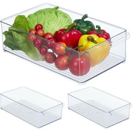 Relaxdays 3 x Kühlschrank Organizer, Aufbewahrung von Lebensmitteln, HxBxT: 10 x 20,5 x 36,5 cm, Küchenbox mit Griff, transparent