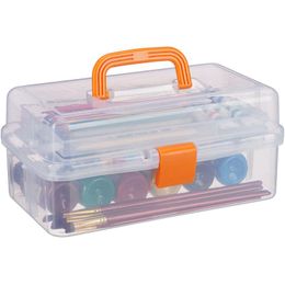 Relaxdays 1 x Transparente Plastikbox, 9 Fächer, Werkzeugbox, Nähkästchen, Werkzeugkoffer, Werkzeug, hbt 14x33x19 cm, orange