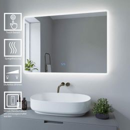 Aqualavos - Rechteckig Badspiegel mit 6400K Kaltweiß LED-Beleuchtung 100x70x4,5 cm Touch Wandspiegel abgerundete Ecken, Anti-Beschlag-Funktion,