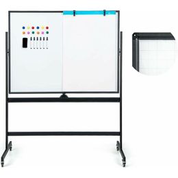 Costway Doppelseitiges mobiles Whiteboard, 120 x 90 cm, Trocken abwischbares magnetisches Whiteboard mit Gittermuster, Rollen, Ständer und Stiftablage, inkl.