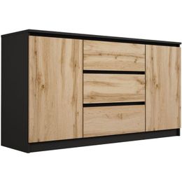 3xe Living - Kommode mit 3 Schubladen und zwei Türen, Farbe: schwarz / wotan eiche, a: 140 x 79 x 39 cm, Sideboard Wohnzimmer - schwarz / wotan eiche