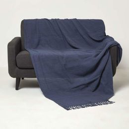 Homescapes - Kashi Wohndecke 150 x 200 cm – Baumwolldecke / Überwurf blau mit Fransen - Dunkelblau