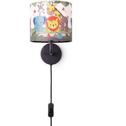 Tischlampe Kinderzimmer Nachtisch Lampe Stoffschirm Wandleuchte RundTiere Wandleuchte - Schwarz, Design 1 (Ø18 cm) - Paco Home