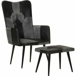 MAISONCHIC - Einzelstuhl,Relaxsessel,Sessel mit Hocker Schwarz Echtleder und Canvas -37278 - Schwarz