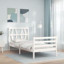 Massivholzbett mit Kopfteil, Einzelbett, Bettrahmen, Schlafzimmerbett Weiß 90x200 cm LLLA481291 MAISONCHIC