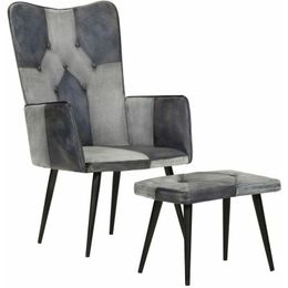 MAISONCHIC Einzelstuhl,Relaxsessel,Sessel mit Hocker Grau Echtleder und Canvas -53245 - Grau