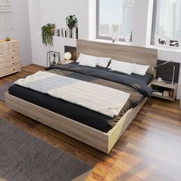 Doppelbett Holzbett Bettanlage 160 x 200 cm mit 2 Nachtkommoden Modernes Bett inkl 205.5x235x76.5 cm(T/B/H) Set in Eiche Sonoma/Dunkelgrau Okwish
