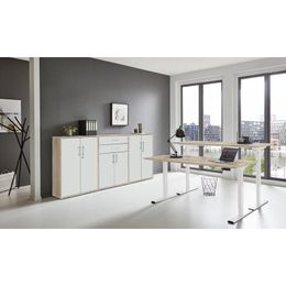 Büromöbel-Set, e-Office Edition Set 15, Schreibtisch höhenverstellbar, 138 cm, Eiche Sonoma / weiß matt - natur - Bmg Möbel