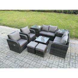 Fimous - Gartenmöbel Set Rattan Lounge Sofa Stuhl im Freien mit Gehärtetem Glastisch 2 Kleine Fußhocker 2 Beistelltische Dunkelgrau Gemischt