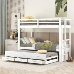 Merax Etagenbett 90x200cm mit Leiter undausziehbarem Bett und 3 Schubladen, Kinderbett Hausbett für Mädchen und Jungen, Bettgestell aus Kiefer und mdf,