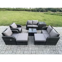 Gartenmöbel Set Rattan Lounge Sofa Stuhl im Freien mit ausgeglichenem Glastisch 2 Großer Fußhocker Beistelltisch Dunkelgrau Gemischt - Fimous